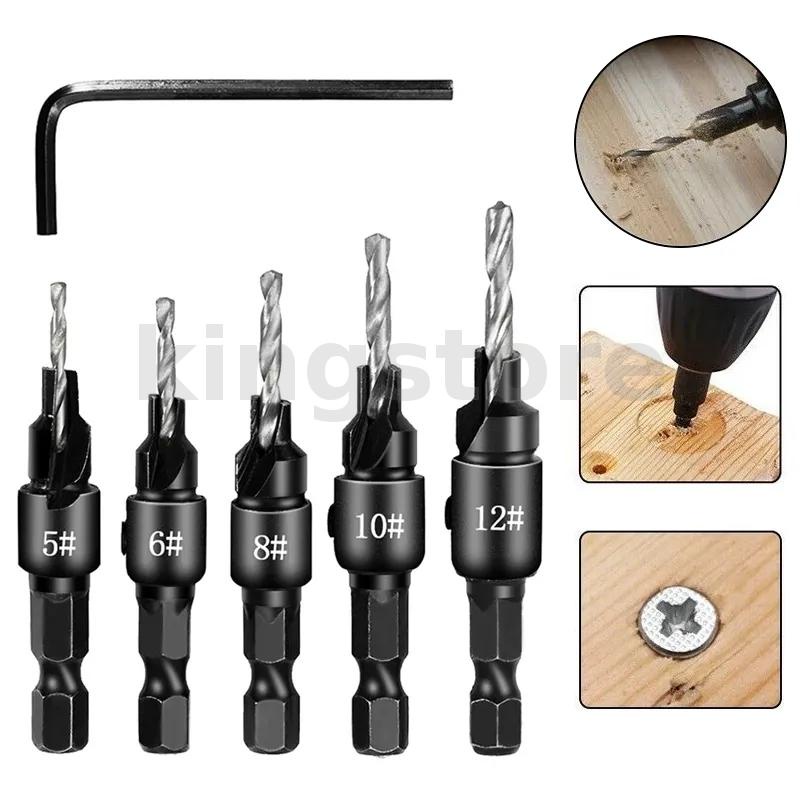 5PCS Countersink Drill Bit Set +1PC Wrench Wood Tools Carpentry ...