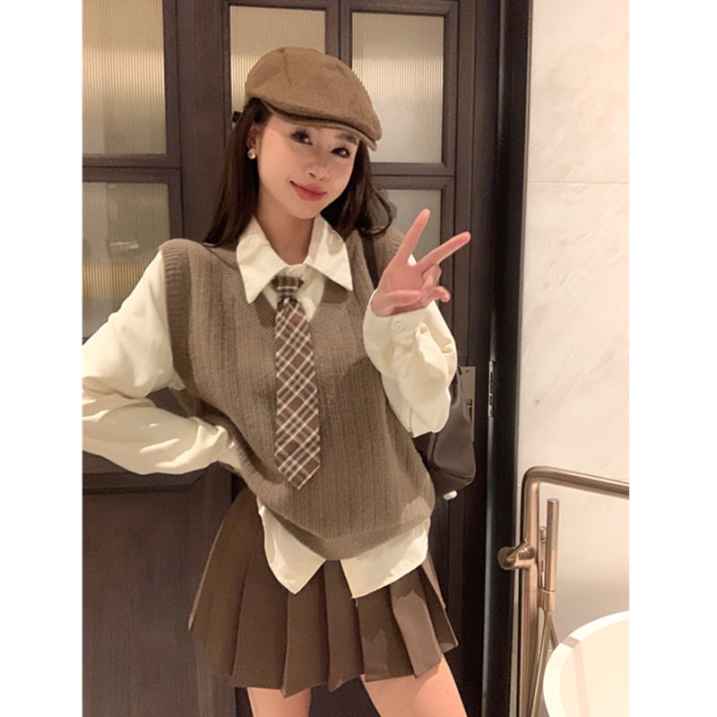 Preppy Style Suit Women Retro Layered Knitted Vest Long-Sleeved Shirt ...