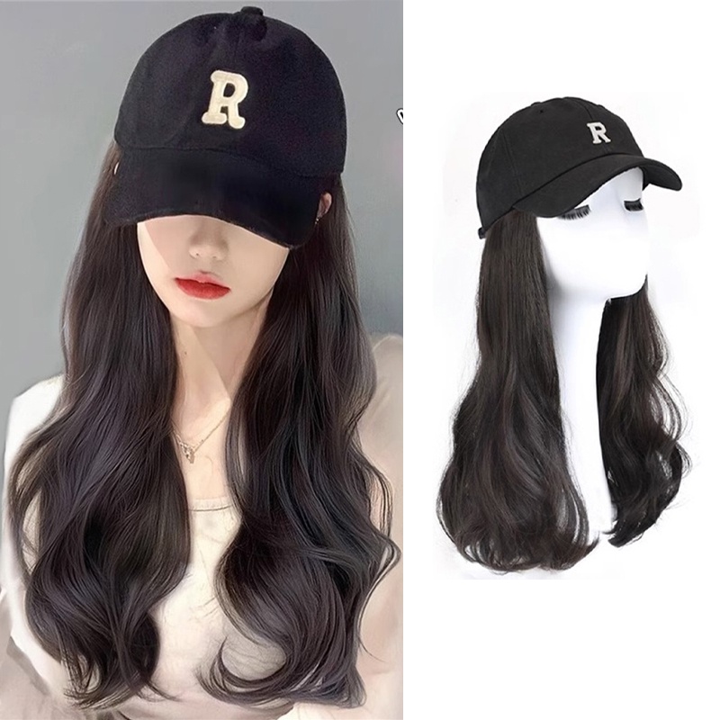 Korean Alphabet Baseball Hat Wig All-In-One Detachable Long Curly Fake ...