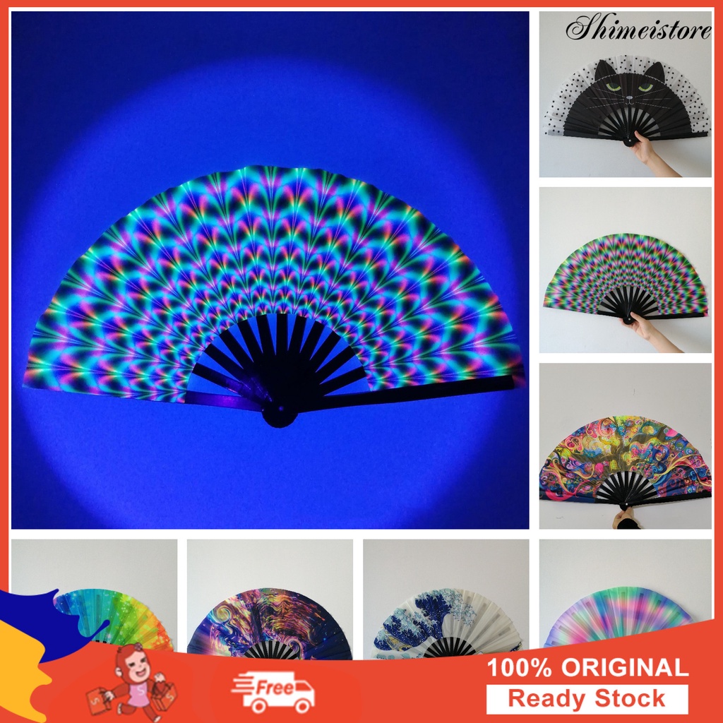 [COD]☃Folding Fan Colorful Holographic Rave Fan Bamboo Ribs Hand Fan ...