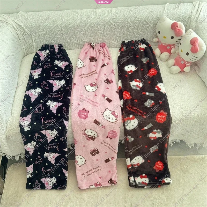 Sanrio Hello Kitty Pajama Pants Cartoon Kuromi Women Plush Coral Velvet ...