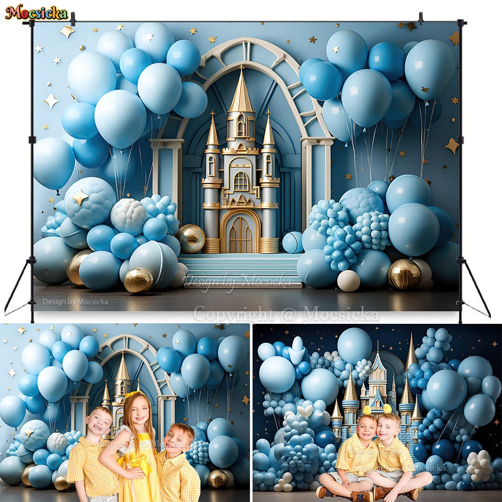 Background Fairy Tale Blue Castle Balloon Decor Birthday Party Backdrop ...