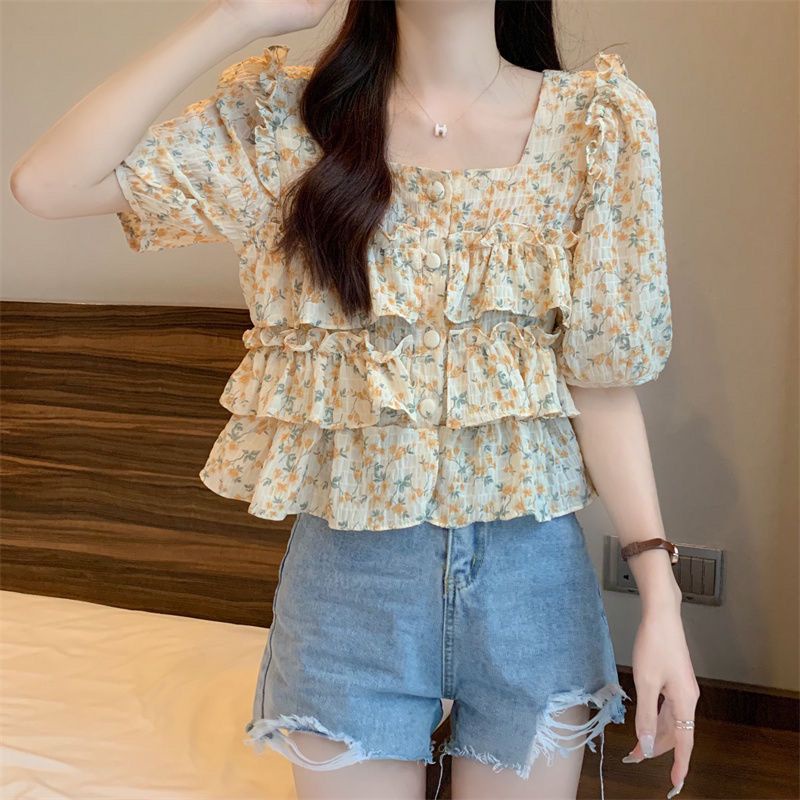 Square neck ruffled short sleeve chiffon floral shirt slim tops ins ...