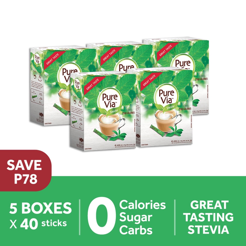 PURE VIA STEVIA 5 boxes x 40 sticks, Zero Calorie Sweetener Stevia Leaf ...