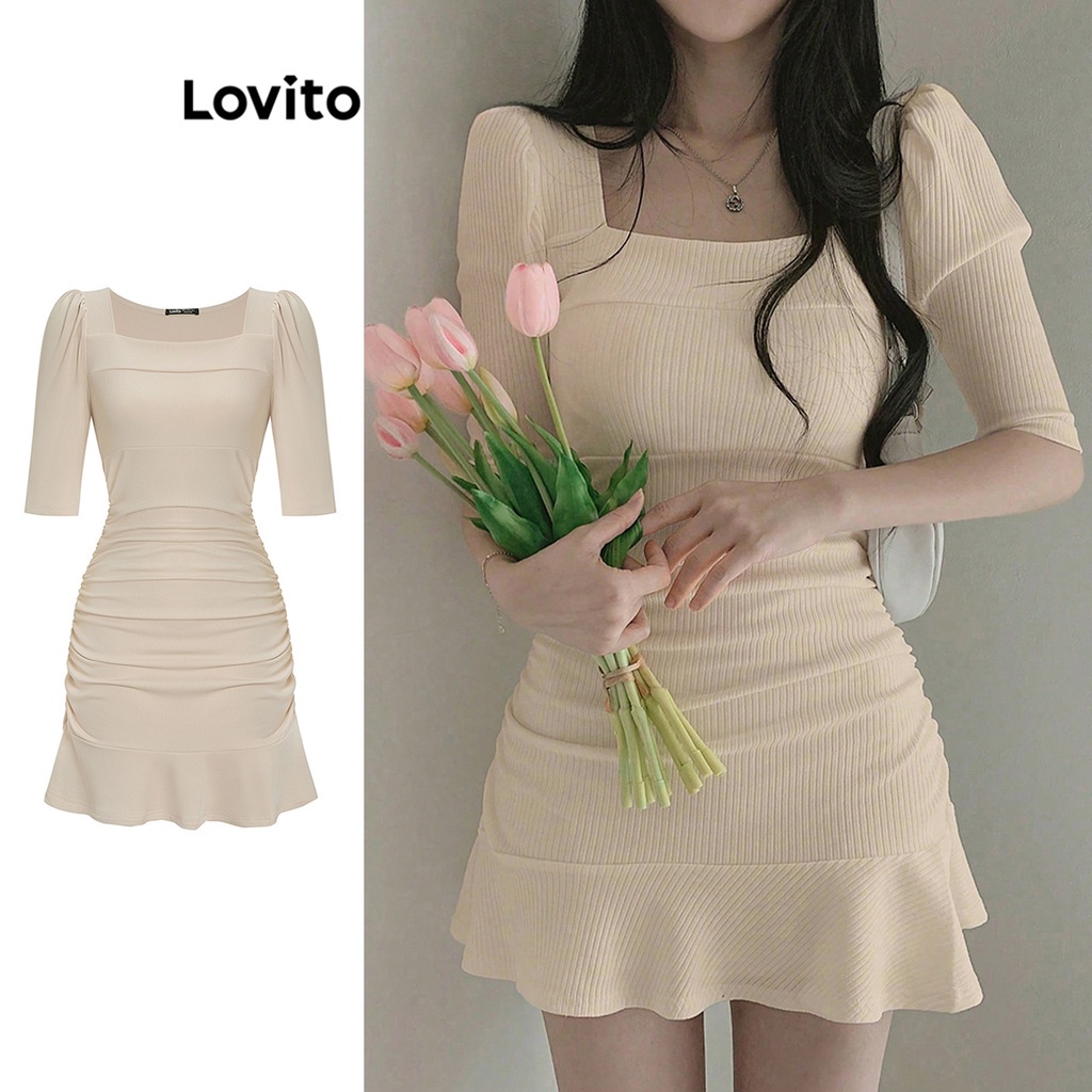 Lovito Women Drawstring Ruffle Hem Structure Line Puff Sleeve Dress ...