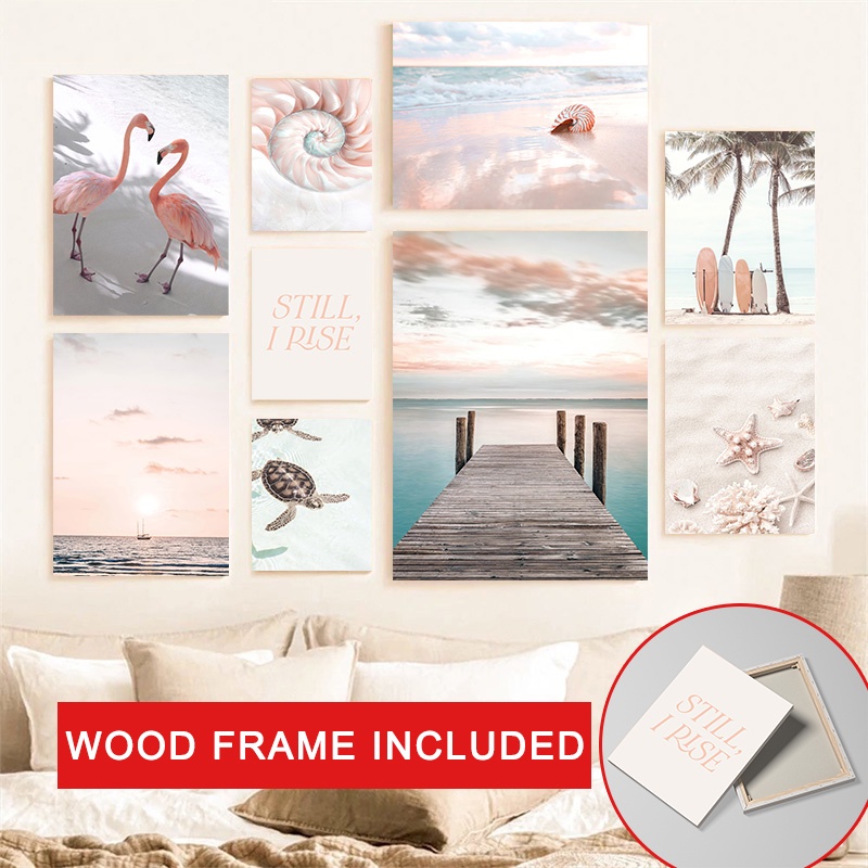 （With Frame）Nordic Pink Beach Sea Posters Wave Bridge Starfish Shell ...