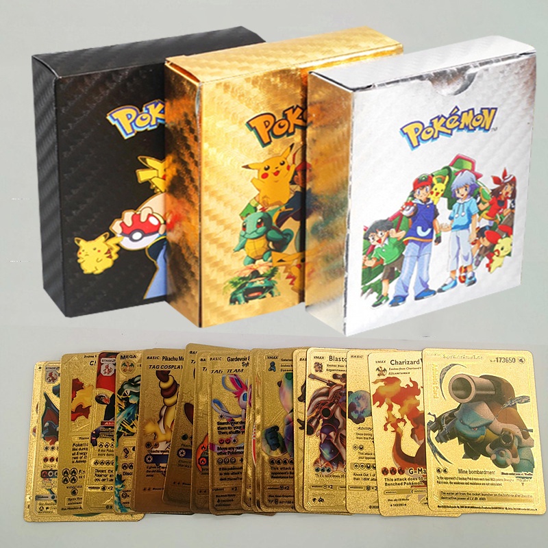 TIK 55pcs Pokemon Cards Metal Gold Pikachuquality Toys VMAX GX Energy ...