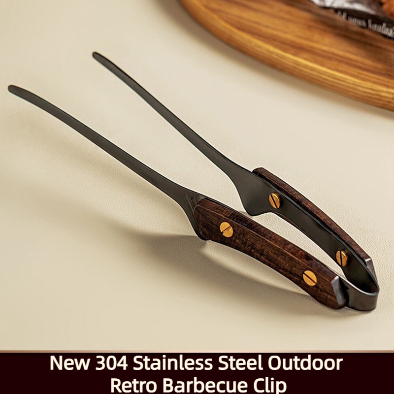 2024 304 Stainless Steel Outdoor Retro Barbecue Clip with Wooden Handle ...