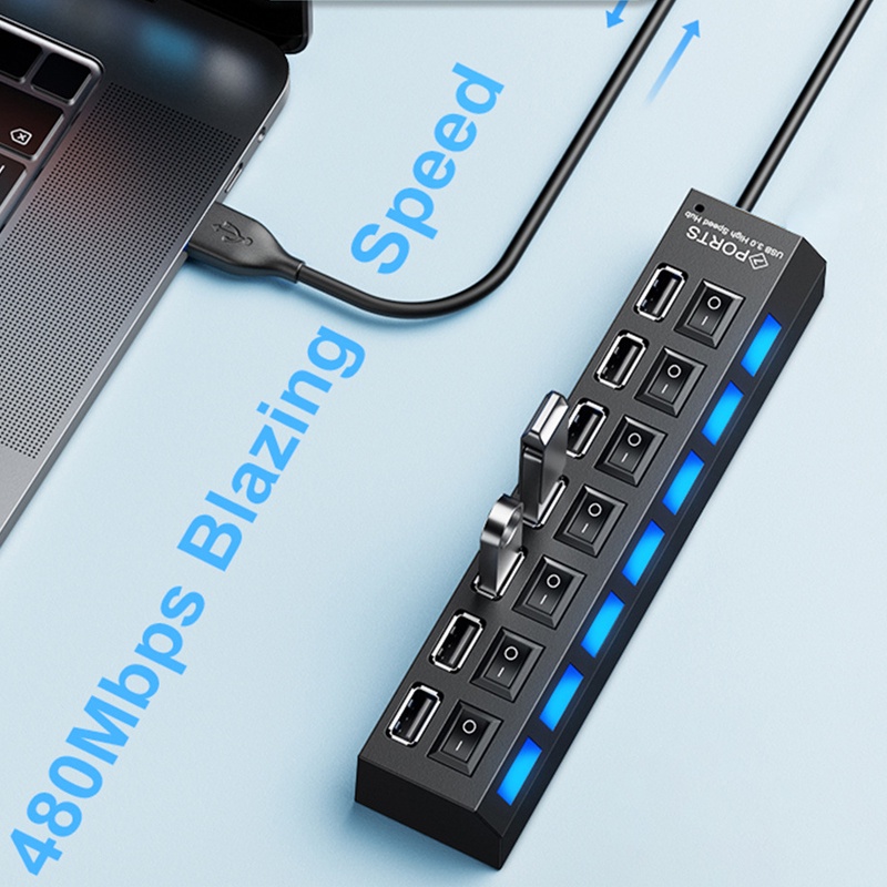 7 Port USB Hub Splitter with Separate Switch and Led Light - High Speed ...