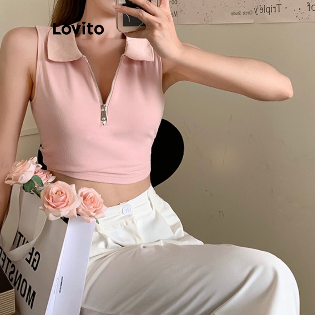 Lovito Women Zipper Tank Top LNE21286 (Pink/Black) | Shopee Philippines