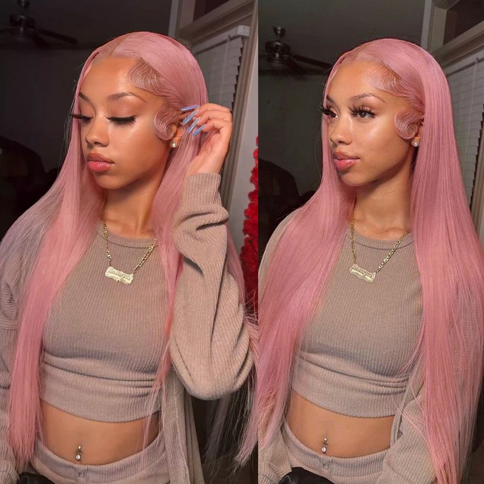 Trueme Pink Human Hair Wig Brazilian Straight Lace Front Human Hair ...