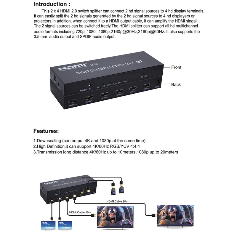 4K HDMI Switcher Splitter 2 In 8 out HDMI Switcher 4K 60Hz 2x2 2x4 2x8 ...