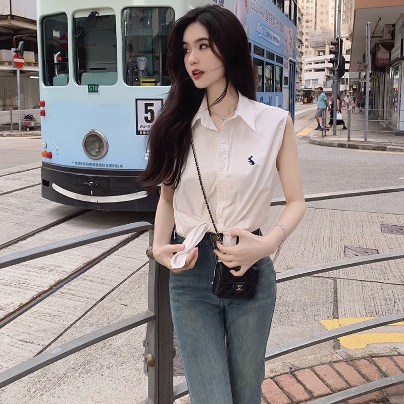 BH Fashion women Rabbit Embroidery sleeveless shirt polo collar Tencel ...