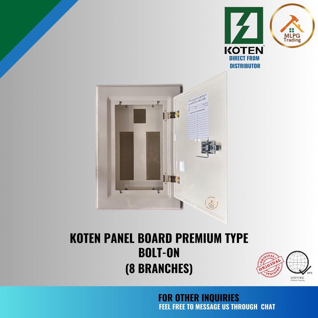 KOTEN Panel Board PREMIUM TYPE for BOLT-ON (2 Pole) (4, 6, 8, 10, 12, 14, 16, 18 Branches ...