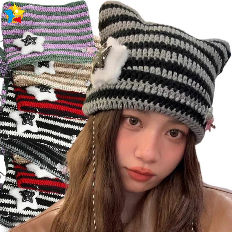 New Japanese Harajuku Y2K Star Little Devil Striped Beanies Hat Women ...
