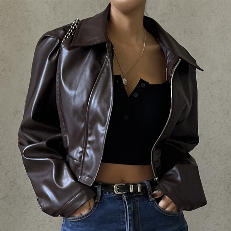 Women Crop Leather Jacket Solid Color Casual Long Sleeve Button Down ...