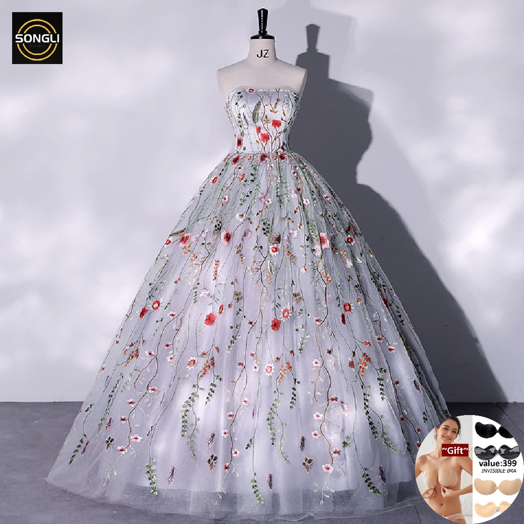 Silver gray strapless evening gown debut dress for women's new banquet ...