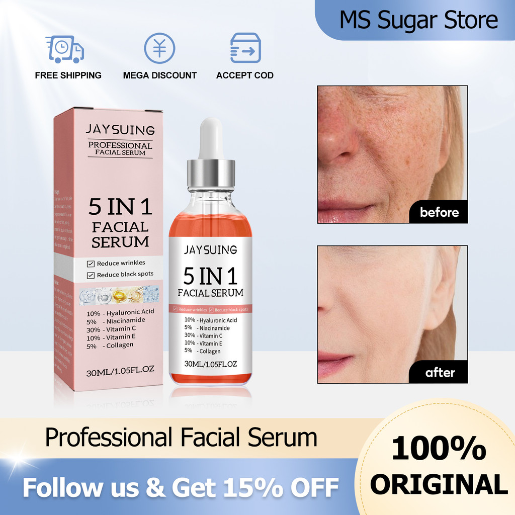 Jaysuing 5 IN 1 Facial Serum 30ml Whitening Essence Hyaluronic Acid Collagen Anti Aging Essence ...