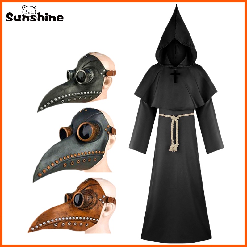 Halloween Cloak Plague Doctor Mask Cosplay Costume Sorcerer Long Hooded ...