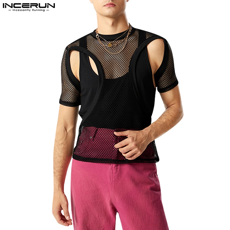 INCERUN Men Vintage Mesh Cutout Sheer Short Sleeve Round Neck T-Shirts ...