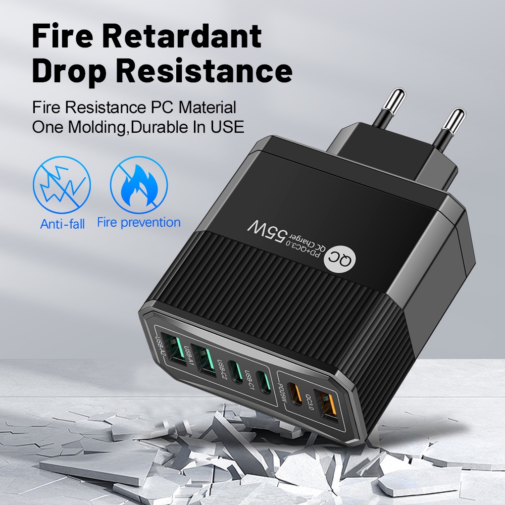 Multiple 6 Ports Phone Charger USB PD 55W Fast Charging QC3.0 Type C ...