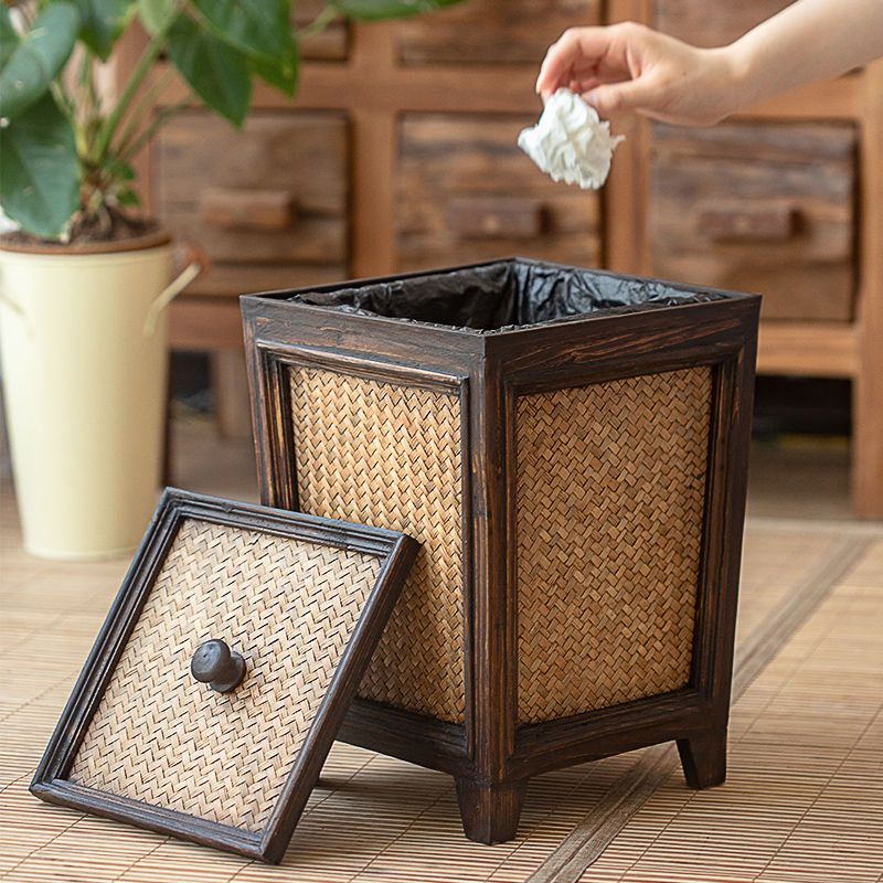 Yili iins style retro wooden trash can rattan living room tea room ...