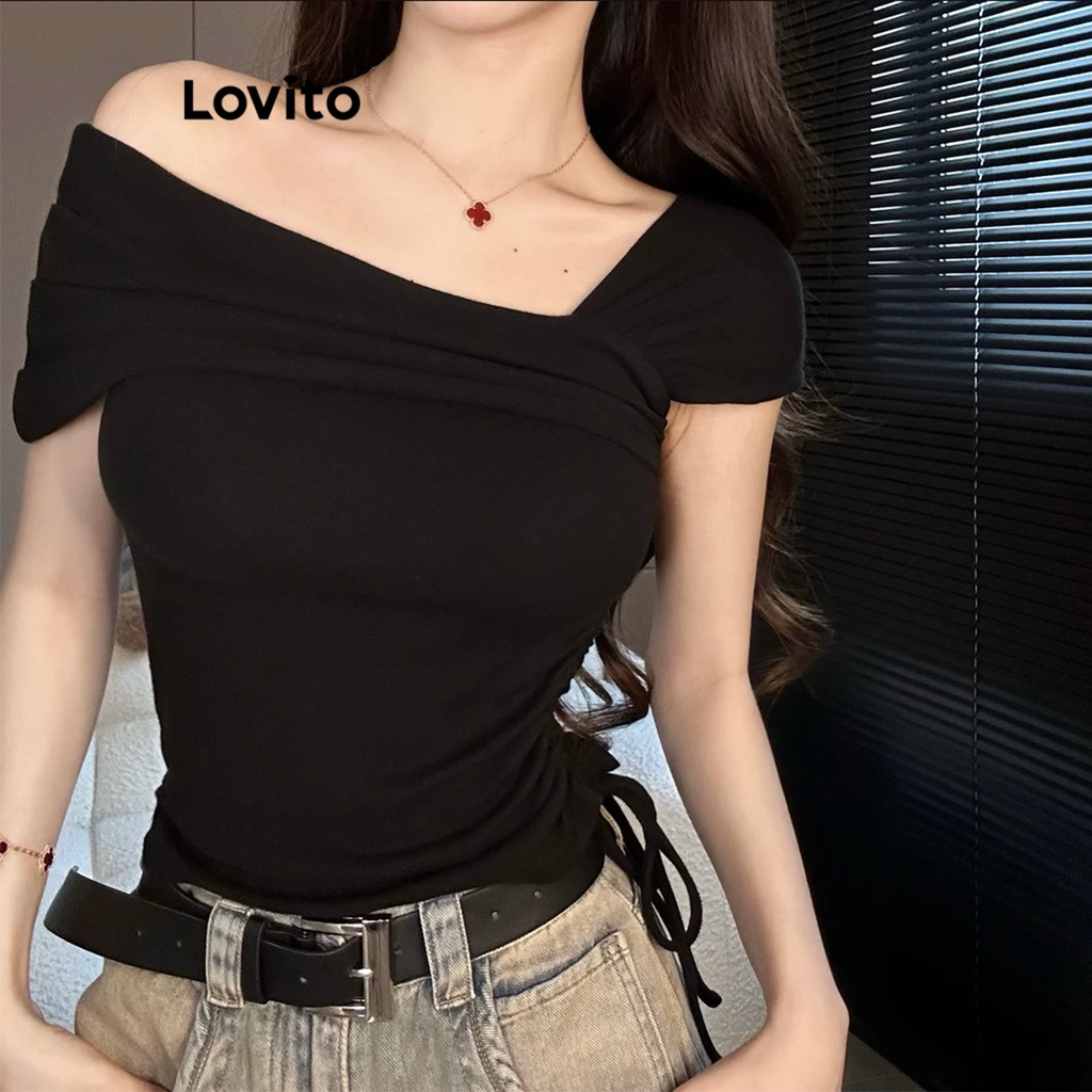 Lovito Women Casual Plain Asymmetrical Ruched Drawstring T Shirt