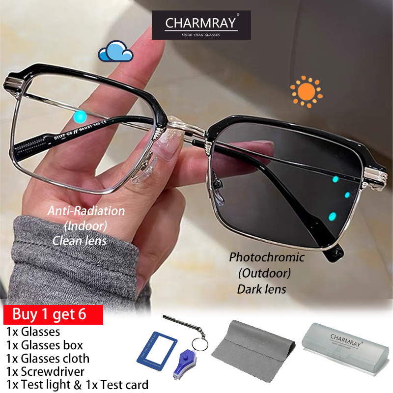 CHARMRAY Photochromic Anti Radiation Half Frame Rectangle Eyeglasses ...