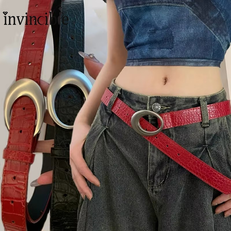 Retro Red Black Versatile Crocodile Lines Belt - Korean Y2K Casual ...