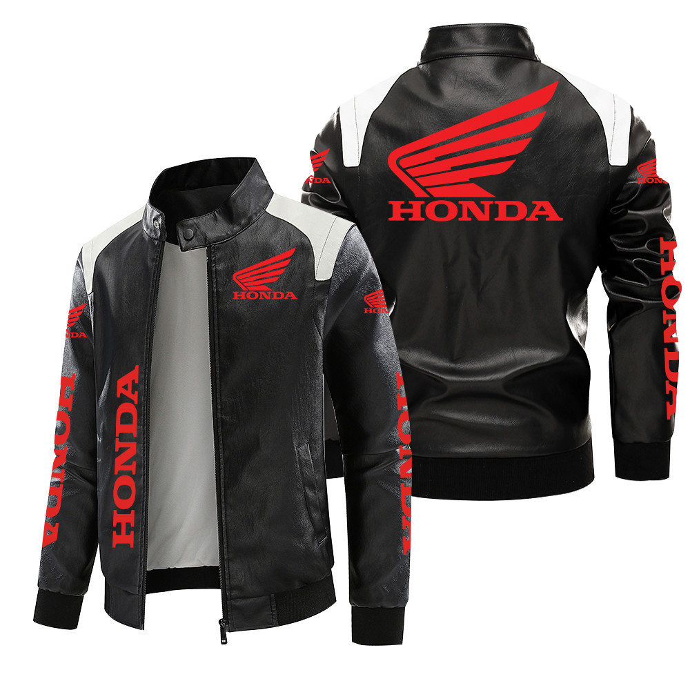 Honda Logo Leather Jacket Motorcycle Riding Warm Men's Fleece Plus Size ...