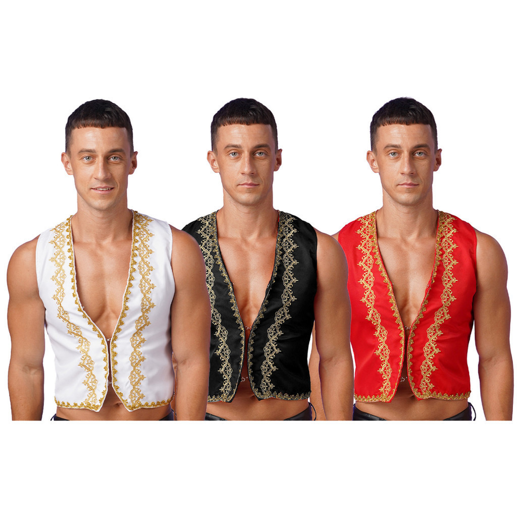 inhzoy Mens Steampunk Victorian Vest Gold Trims Embroidery Open Front ...