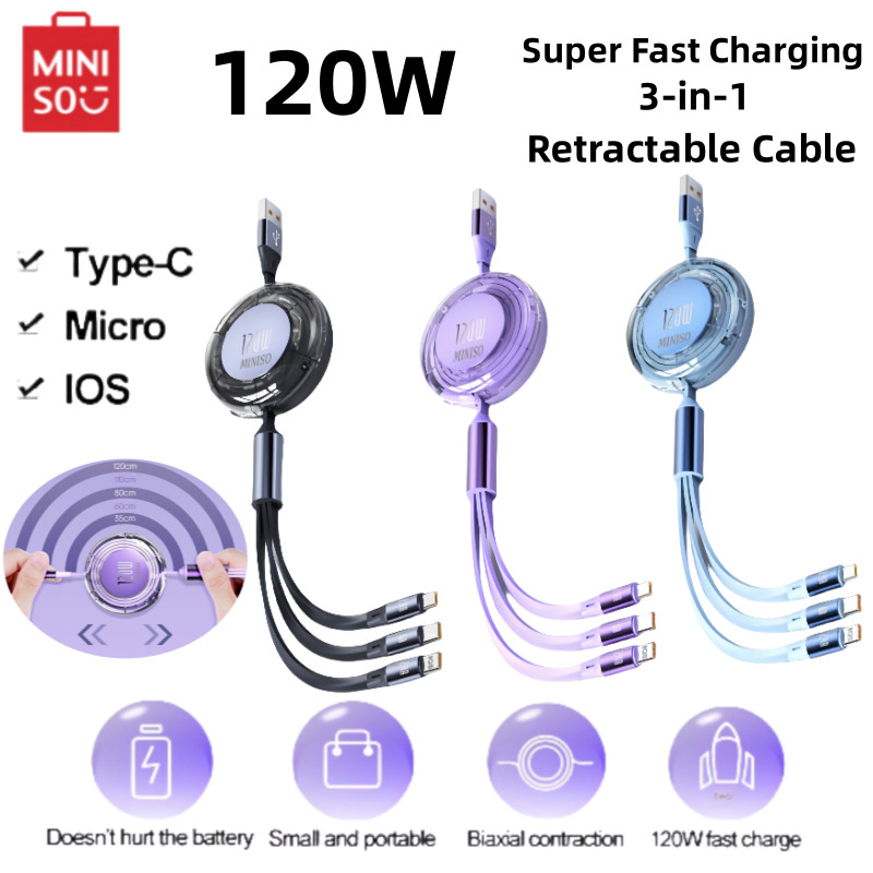 MINISO 3-in-1 Retractable Charging Cable 120W Fast Charging 3-in-1 ...