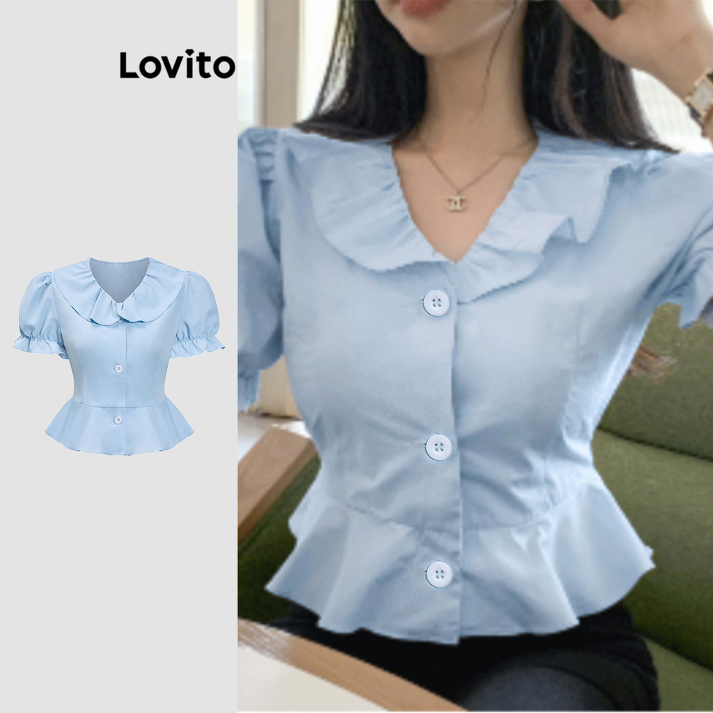 Lovito Women Elegant Plain Button Front Ruffle Hem Blouse L91AD212 | Shopee Philippines