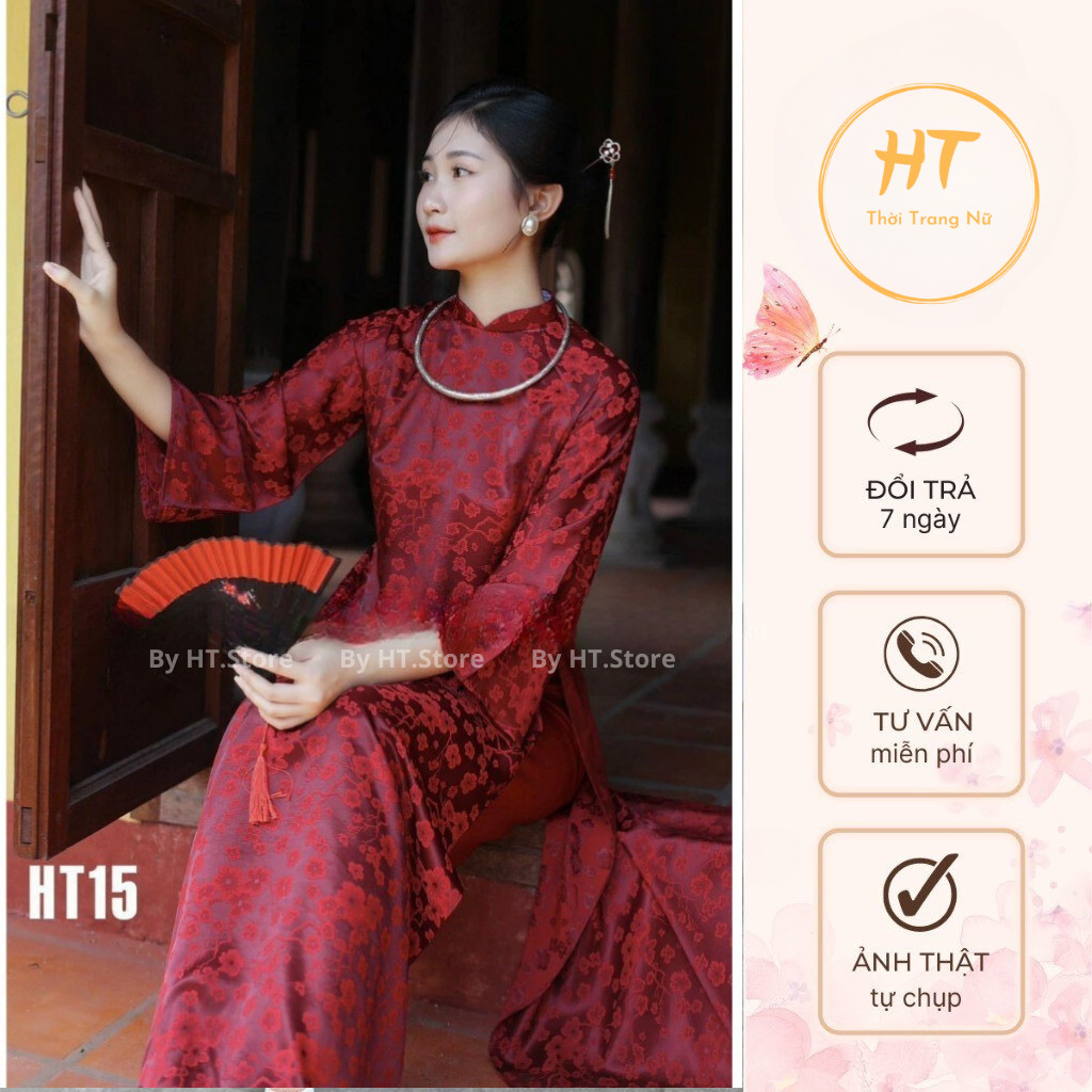 Brocade ao dai with floral prints, low-cut ao dai made of high-quality ...