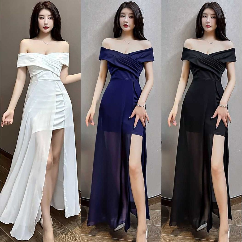 Korean White Black Blue Chiffon Off Shoulder Evening Prom JS Cocktail ...