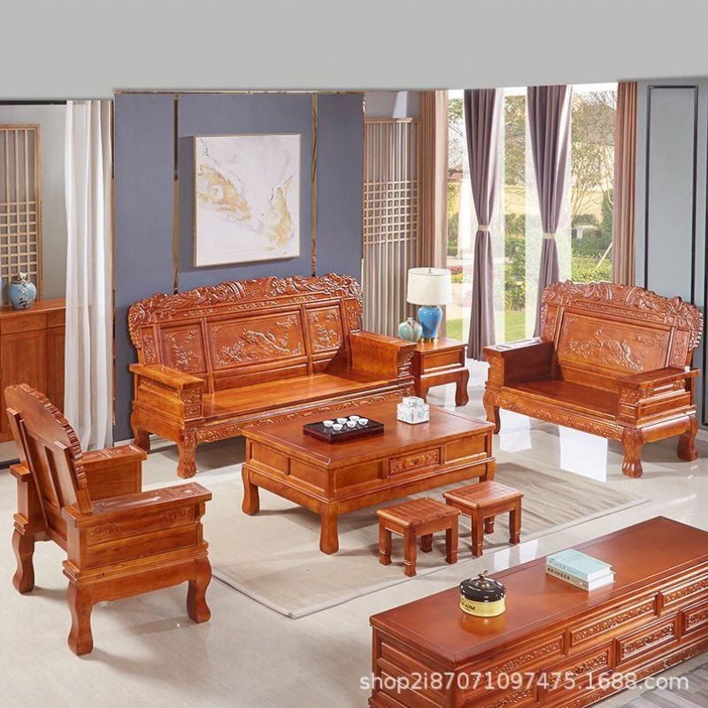Solid Wood Sofa Set for Living Room, Large Apartment, Red Camphorwood ...