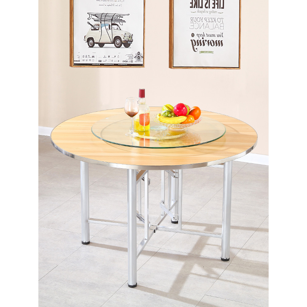 Large Round Table Top with Glass Turntable Foldable Table Frame Dining ...