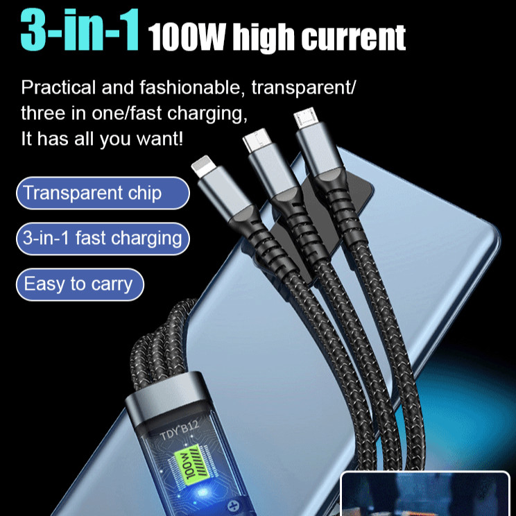 [100W High Current] Transparent Luminous Super Fast Charging 3-in-1 ...