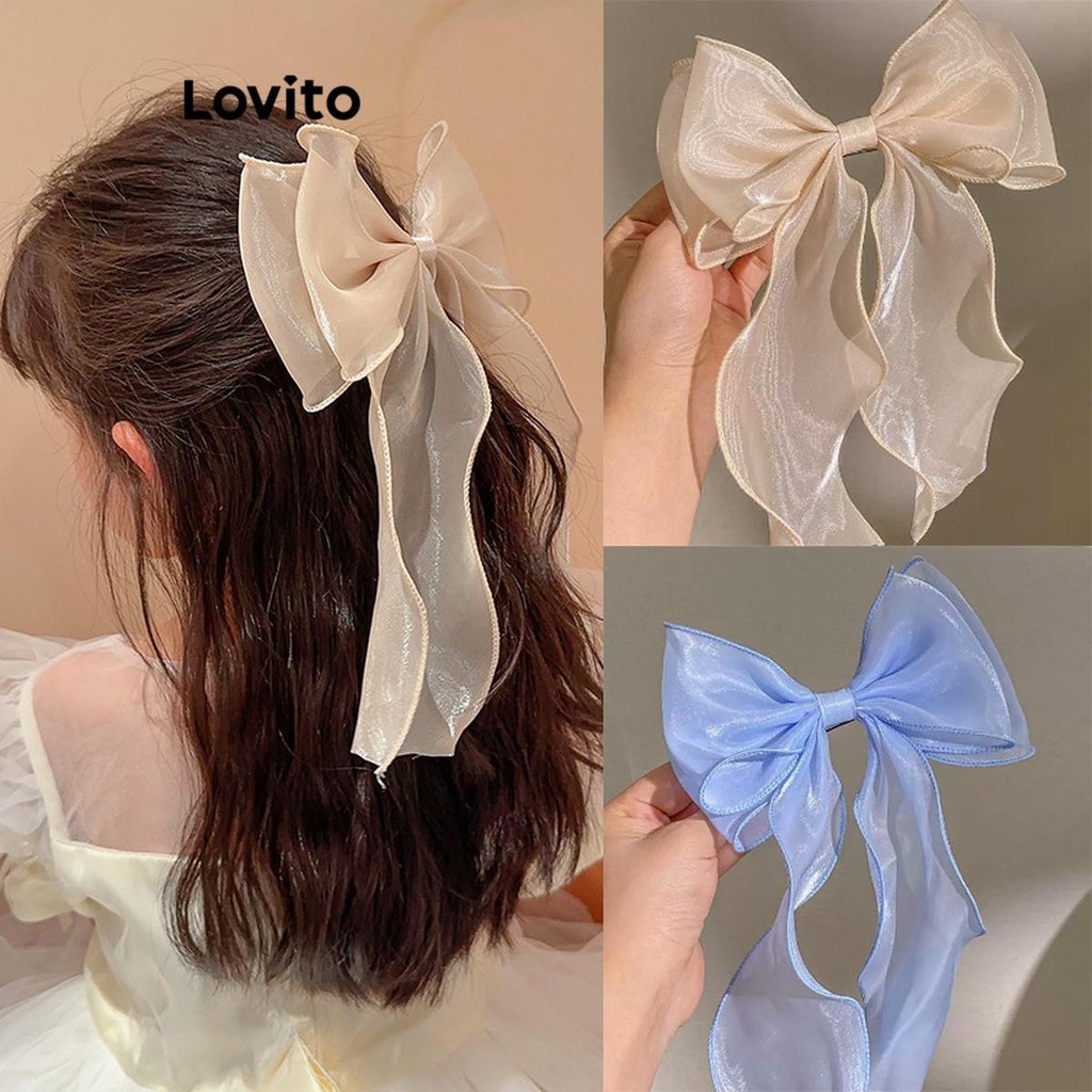 Lovito Women Preppy Plain Bow Fringe Mesh Ribbon Fairy Hair Clips ...