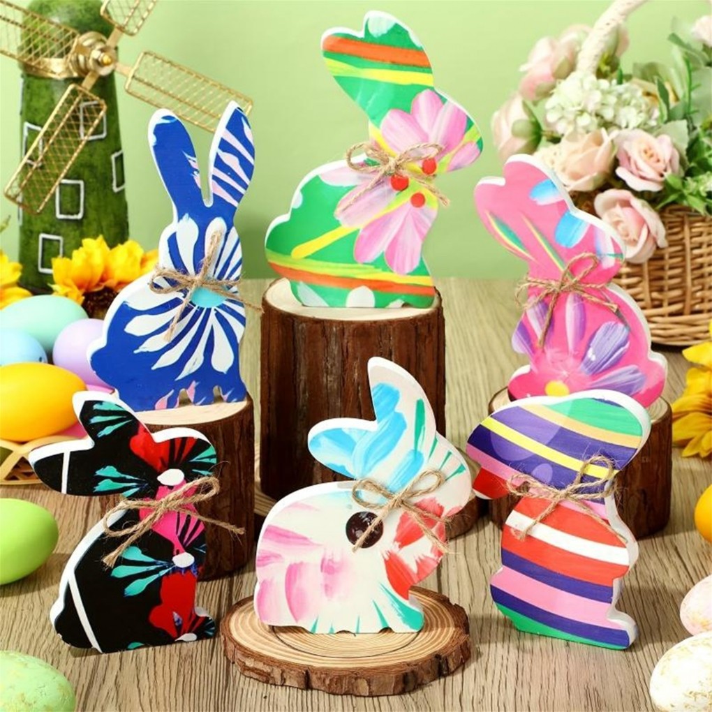 Ocs-Easter Bunny Wooden Signs Rustic Floral Printed Rabbit Table Signs ...