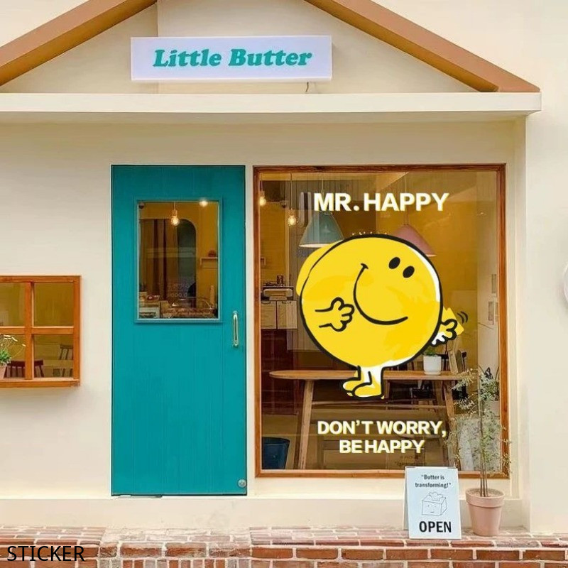 Creative Cute Yellow Smiley Face Stickers Milk Tea Baking Shop Glass ...