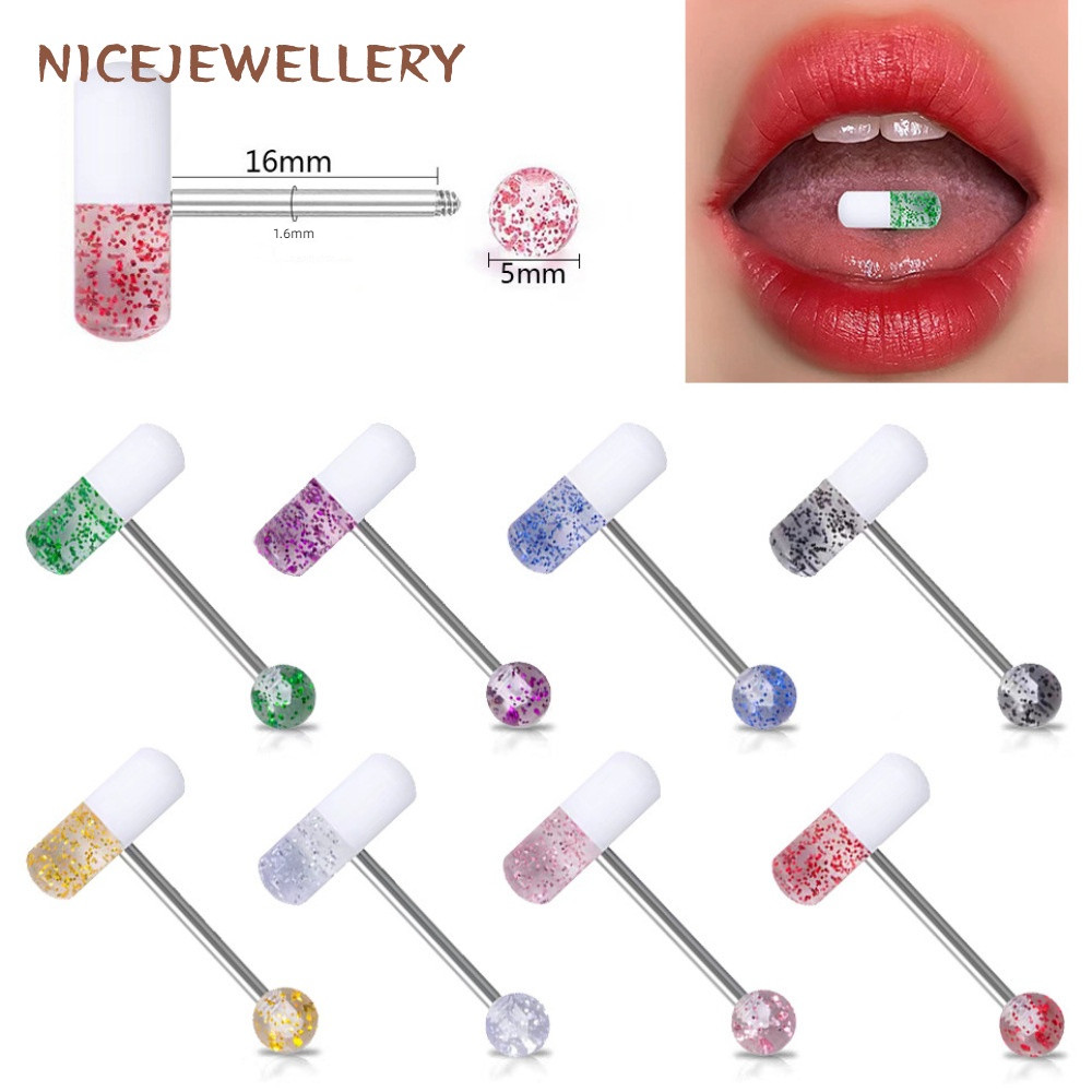 1 Pc 14G Body Piercings Acrylic Tongue Rings Pill Shaped Stainless ...