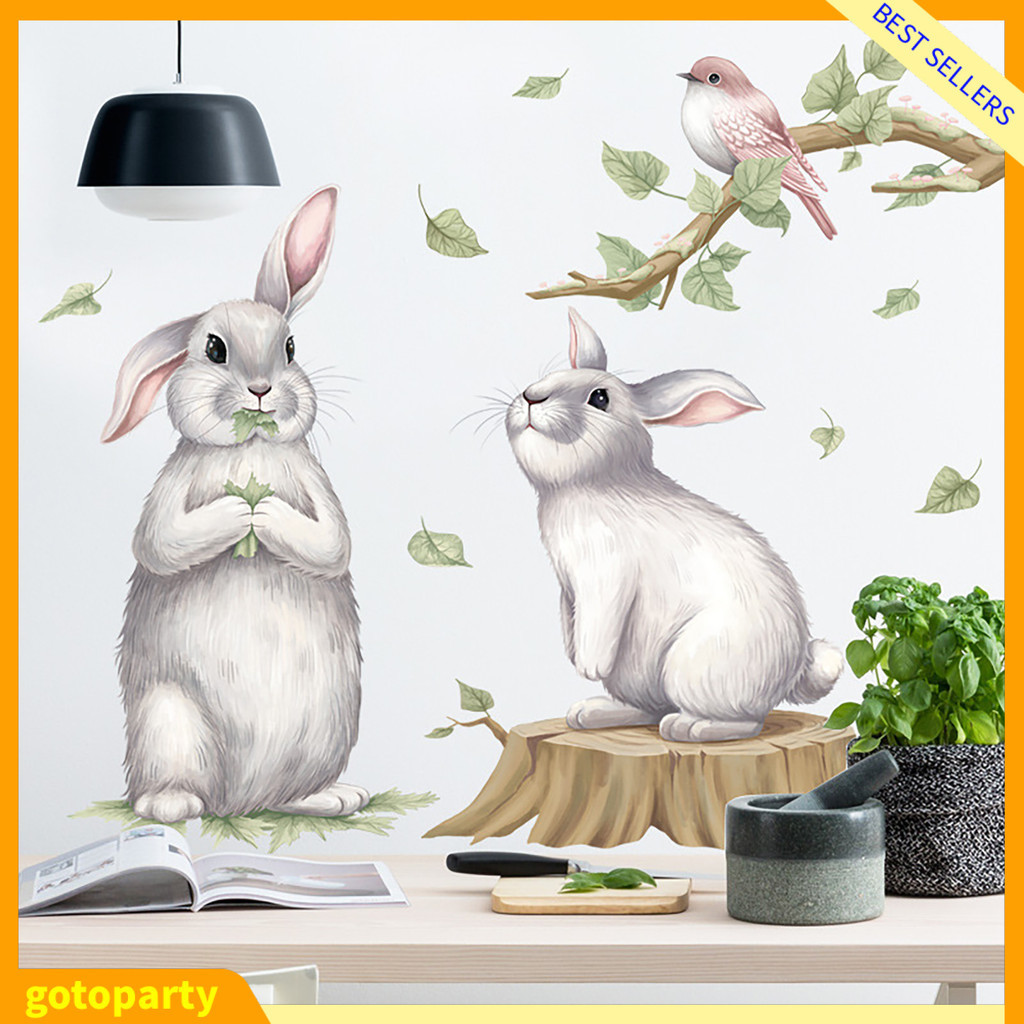 GOTO Self-adhesive Wall Mural Cartoon PVC Lovely Playing Rabbit Wall ...
