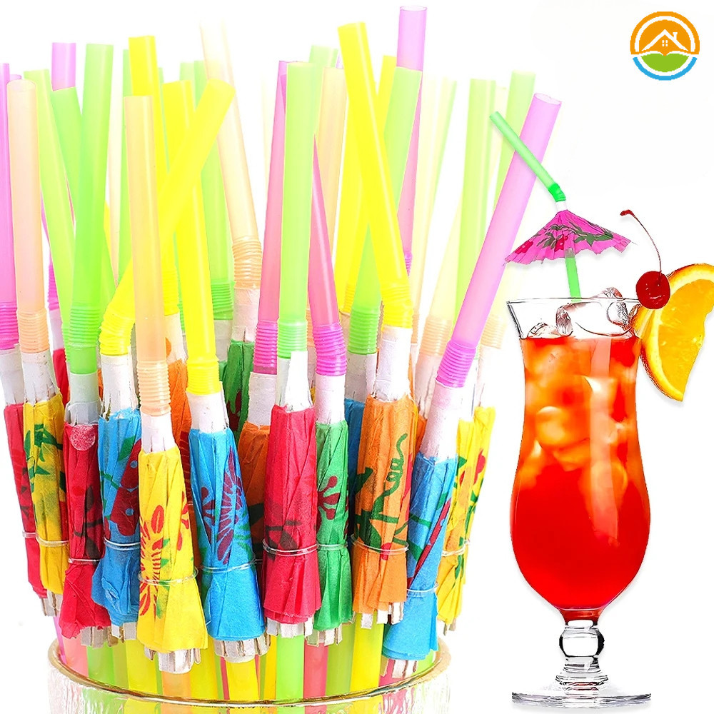 50 Pcs Mixed Color Disposable Tropical Umbrella Straws - Hawaiian Party ...