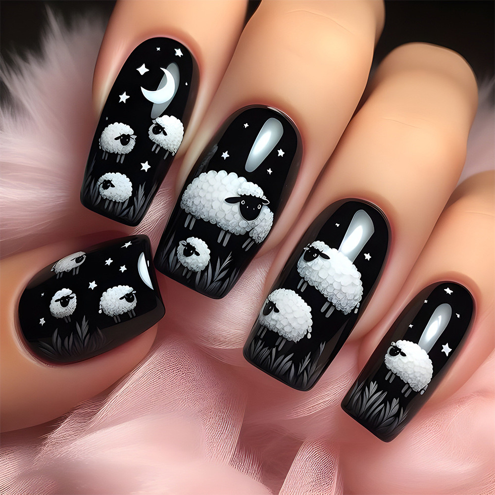 Fake Nails Prairie Cartoon Little Sheep Manicure Patch Night Sky Stars ...