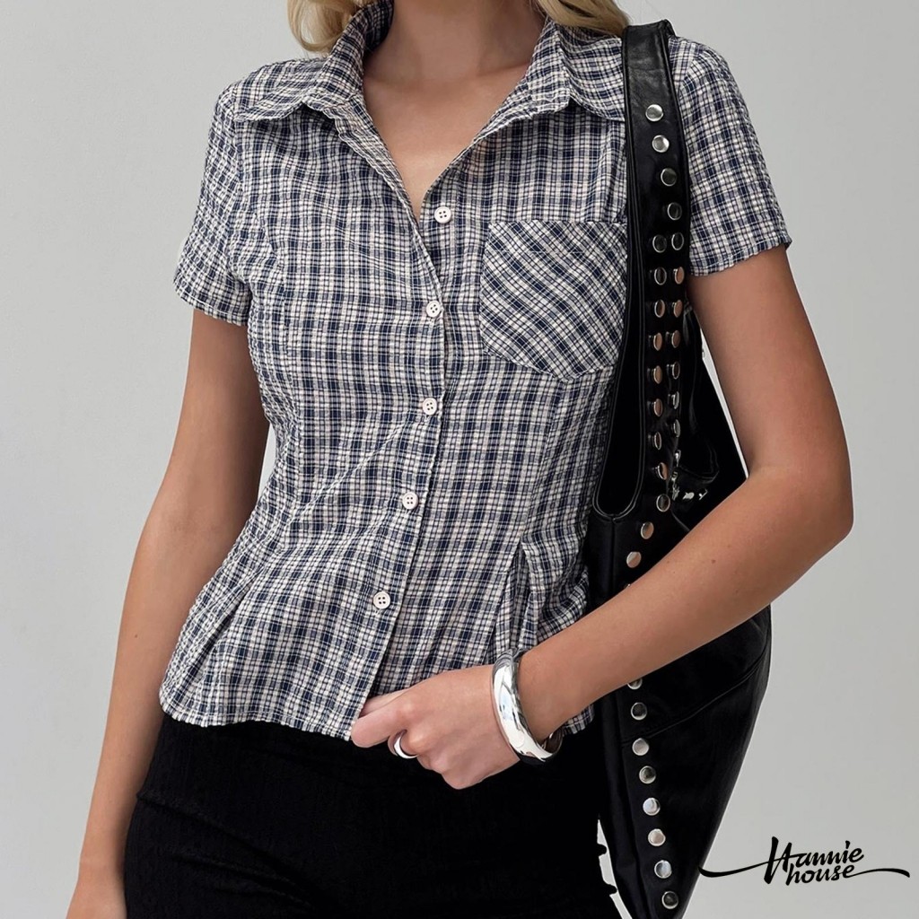 HANNIE House- Women Short Sleeve Button Closure Summer Plaid Shirt ...