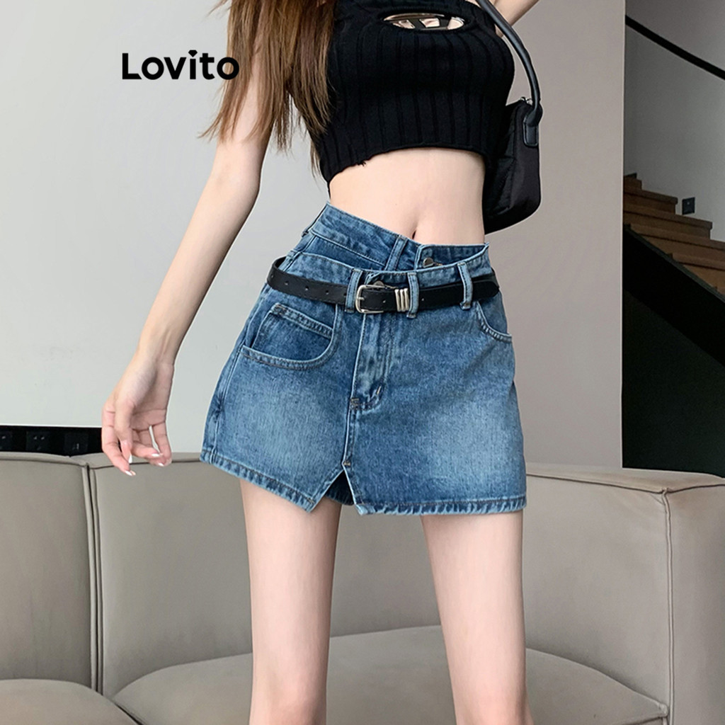 Lovito Women Casual Plain Fake Pocket Denim Shorts LNE52528 | Shopee ...