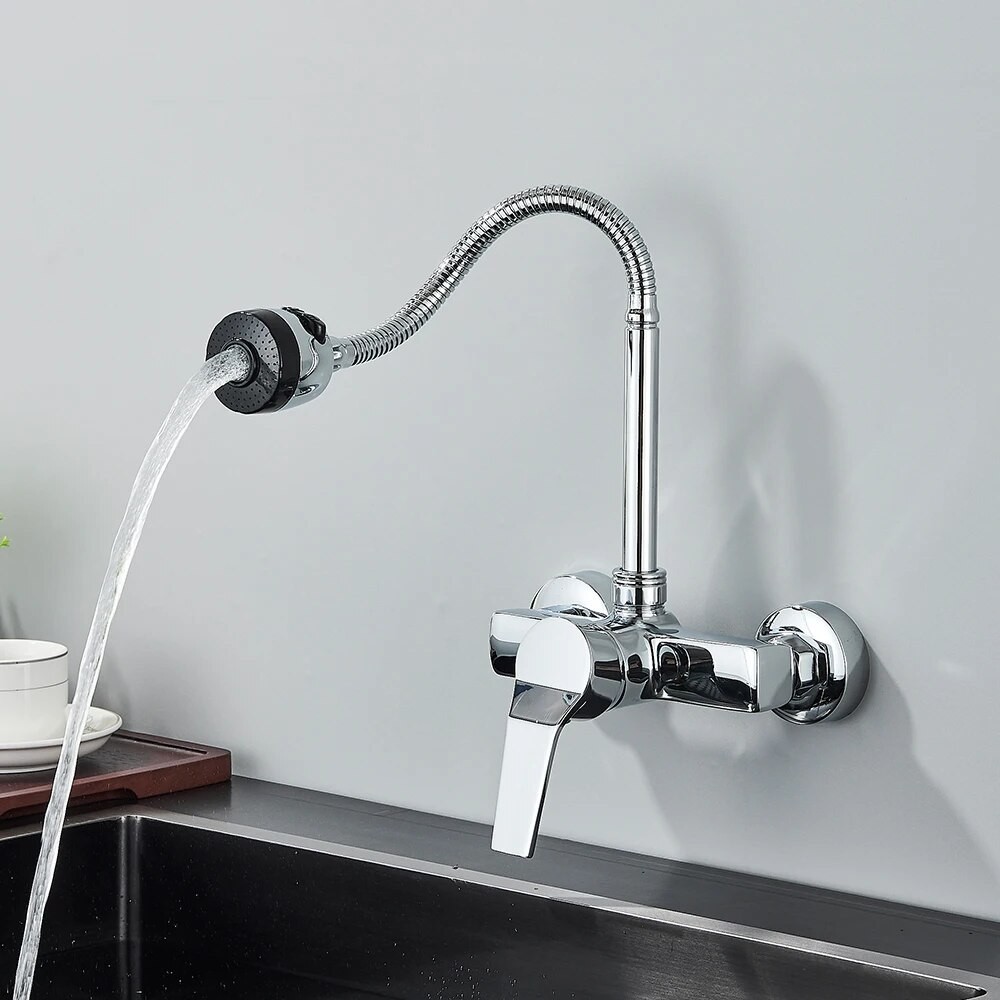 Stream Spray Bubbler Bathroom Kitchen Faucet Wall Mounted Dual Hole Hot ...