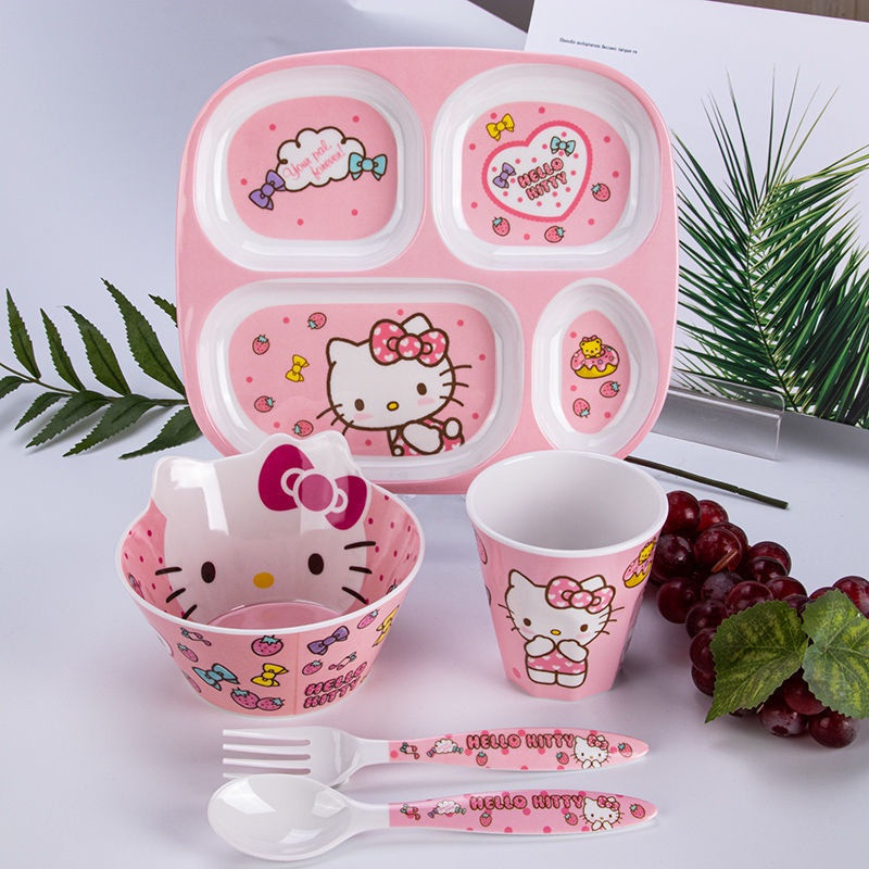Cartoon KT Hello Kitty children's tableware set baby separated plate toddler bowl cup fork spoon ...