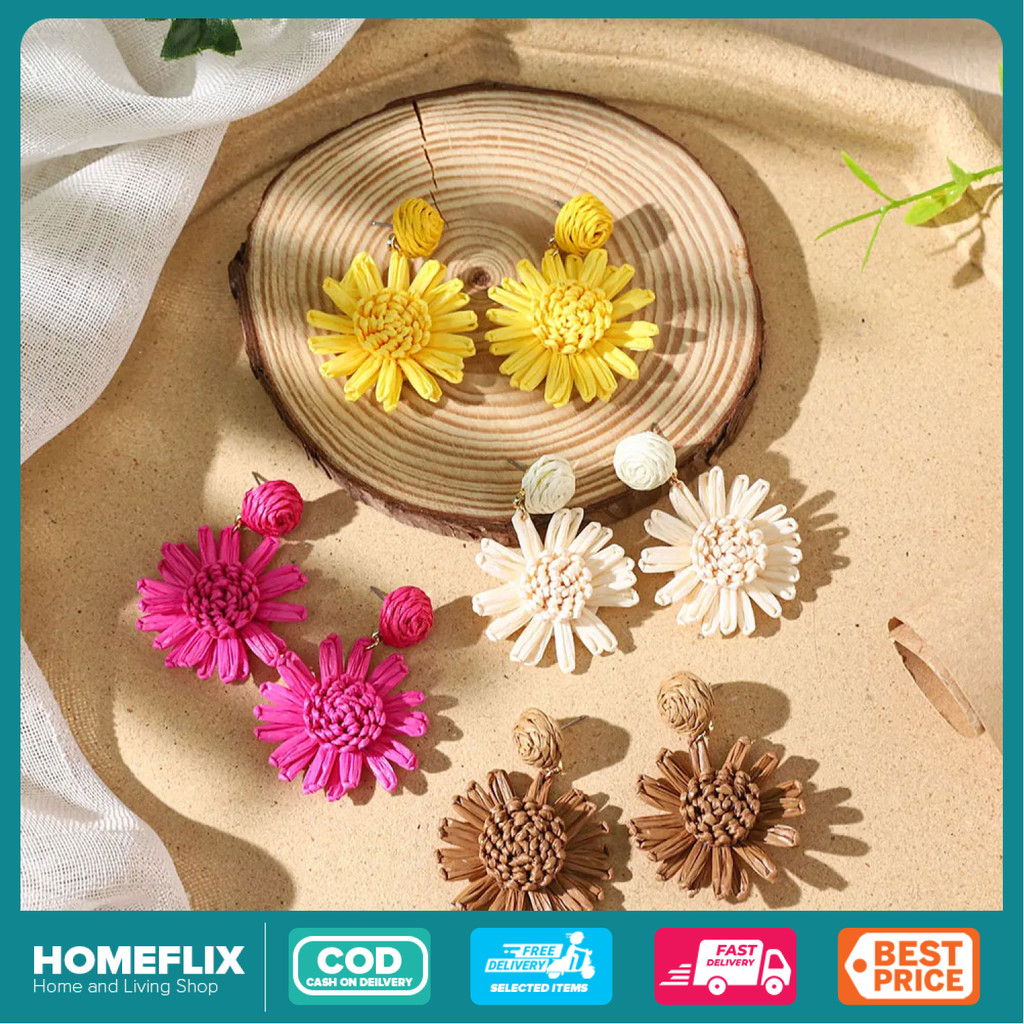 Homeflix Lafite Woven Flower Earrings – Handmade Bohemian Style Pendant ...